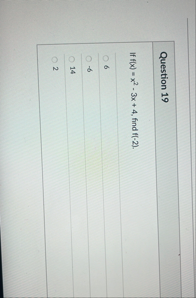 Solved Question 19If f(x)=x2-3x 4, ﻿find f(-2).6-6142 | Chegg.com