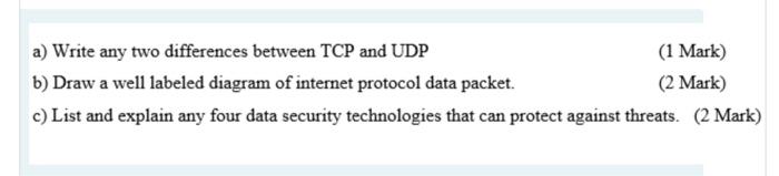 Solved a) Write any two differences between TCP and UDP (1 | Chegg.com