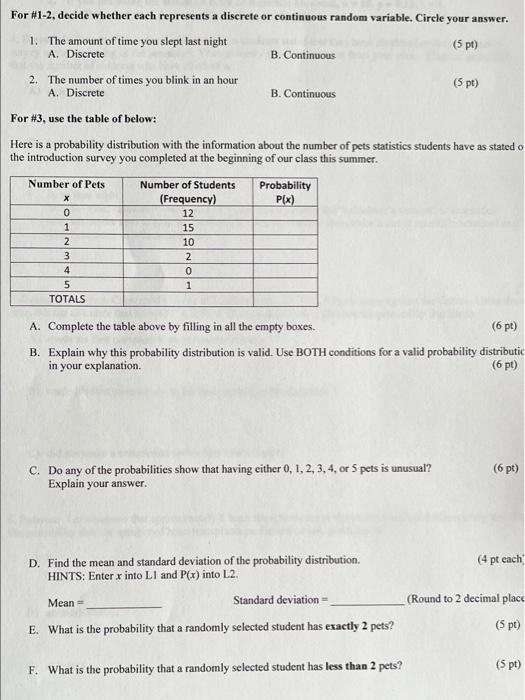 Solved For #1-2, decide whether each represents a discrete | Chegg.com