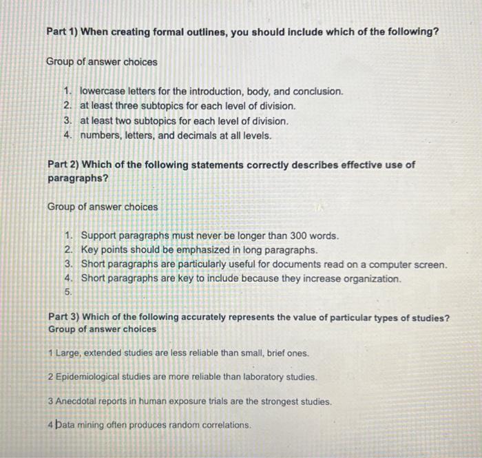 Solved Part 1) When creating formal outlines, you should | Chegg.com