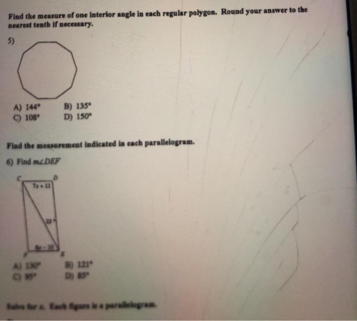 Solved Find the measure of one interior angle in each | Chegg.com