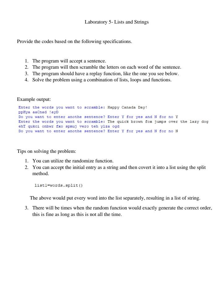 Solved Laboratory 5- Lists and Strings Provide the codes | Chegg.com