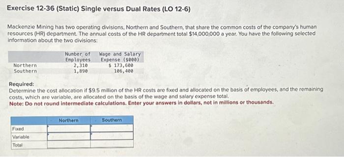 Solved Exercise 12-36 (Static) Single versus Dual Rates (LO | Chegg.com