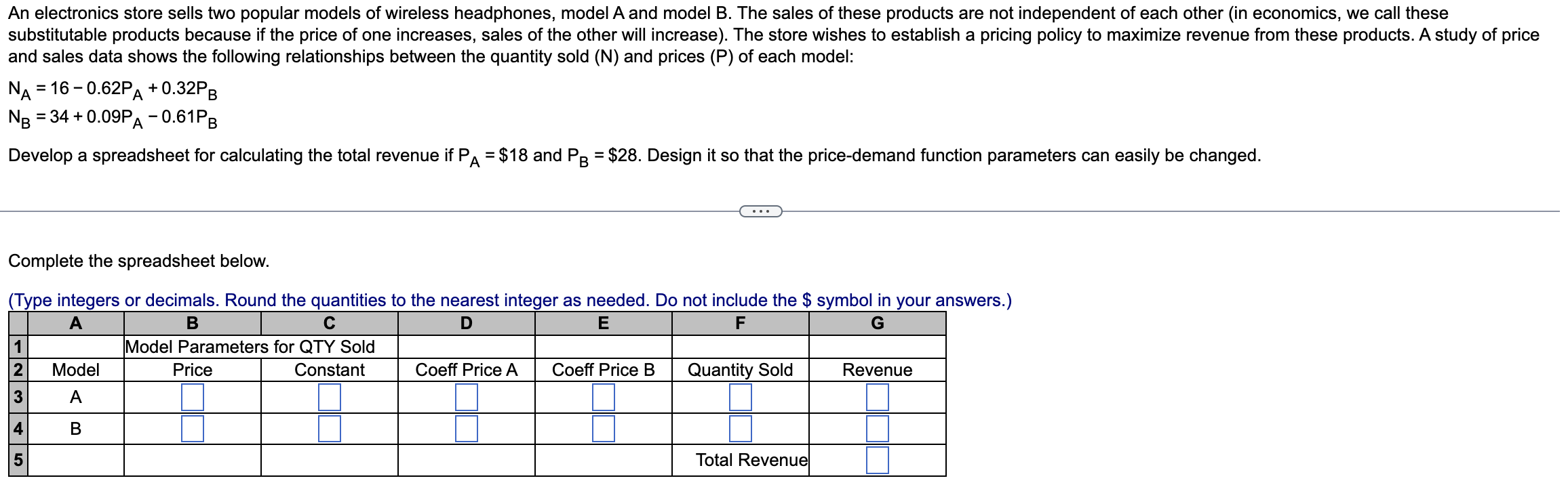 Solved Complete the spreadsheet below. (Type integers or | Chegg.com