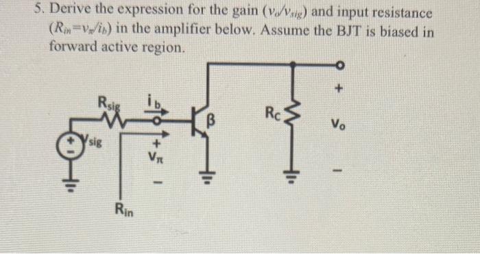 Solved 5. Derive the expression for the gain (vd/vsig) and | Chegg.com