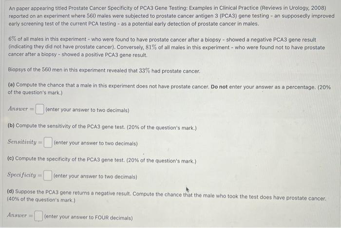 Solved An paper appearing titled Prostate Cancer Specificity | Chegg.com