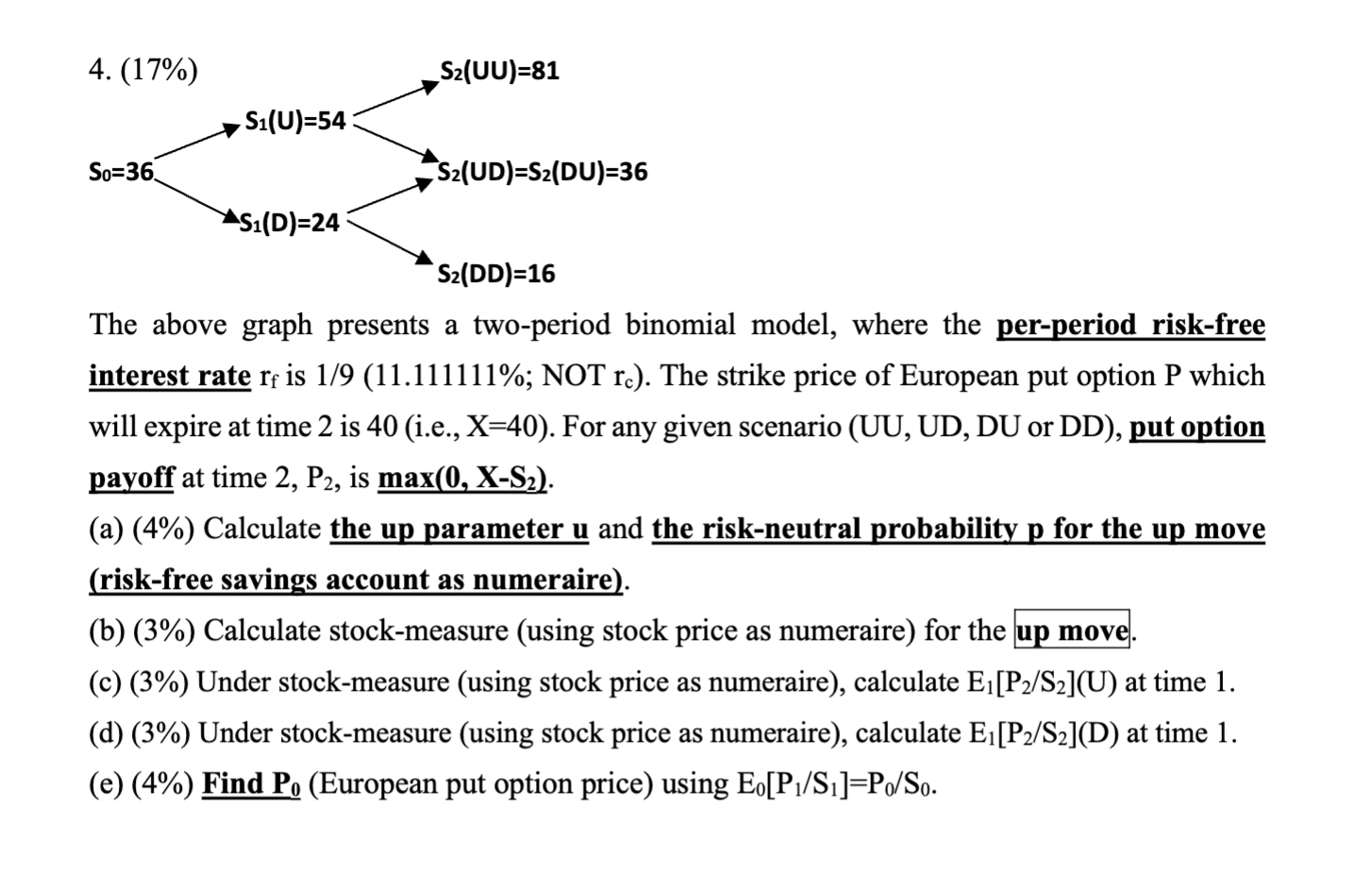 Solved The above graph presents a two-period binomial model, | Chegg.com