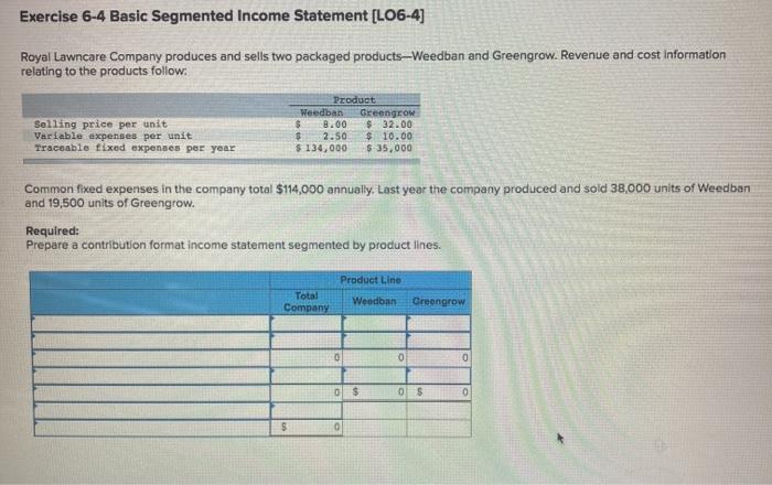 Solved Exercise 6-4 Basic Segmented Income Statement [LO6-4) | Chegg.com