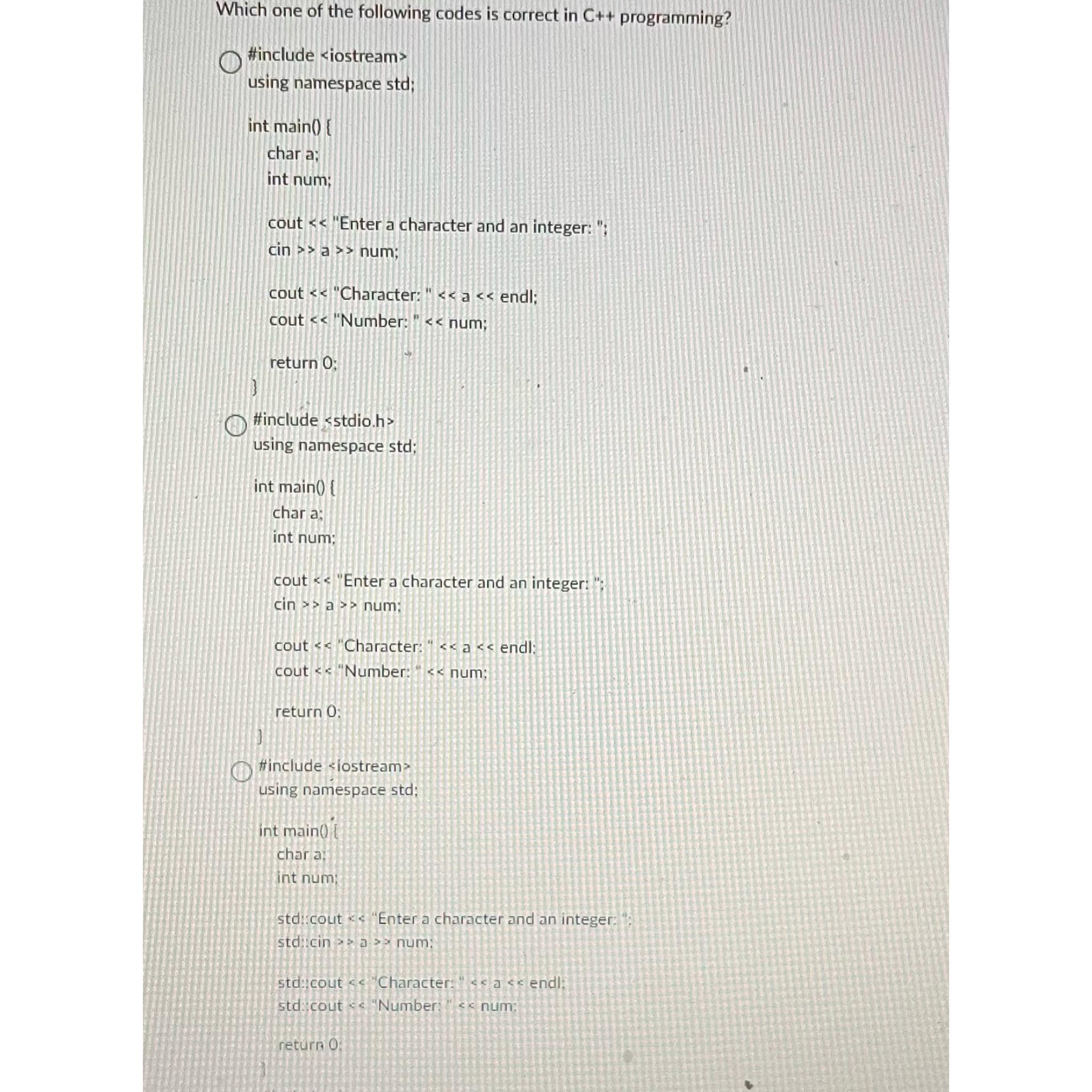 Solved Which one of the following codes is correct in C++ | Chegg.com