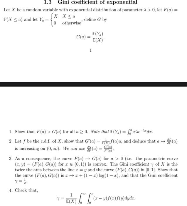 Solved 1.3 Gini coefficient of exponential Let X be a random | Chegg.com