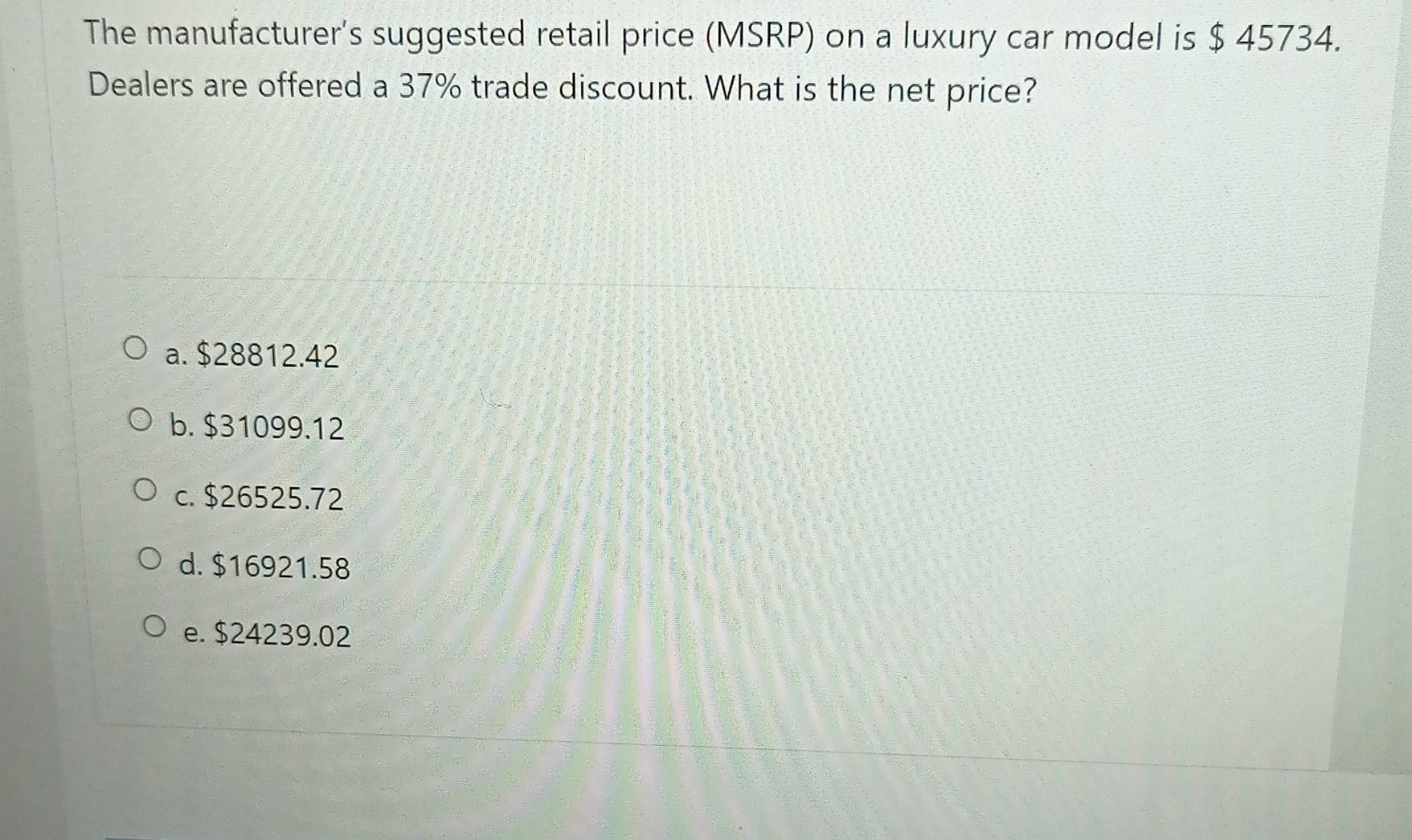 Solved The manufacturer's suggested retail price (MSRP) on a | Chegg.com