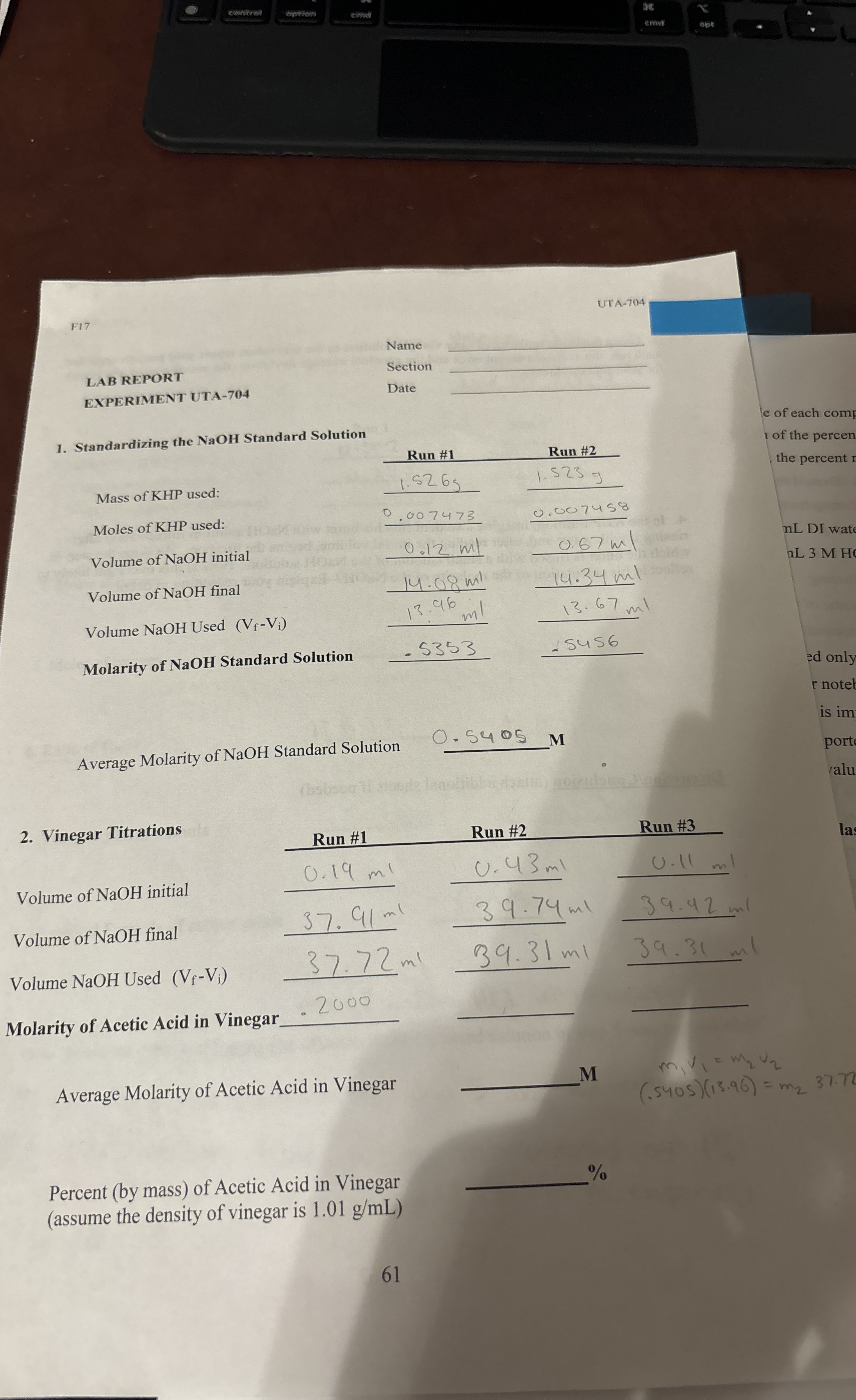 Solved How do i calculate the molarity of acetic acid in | Chegg.com