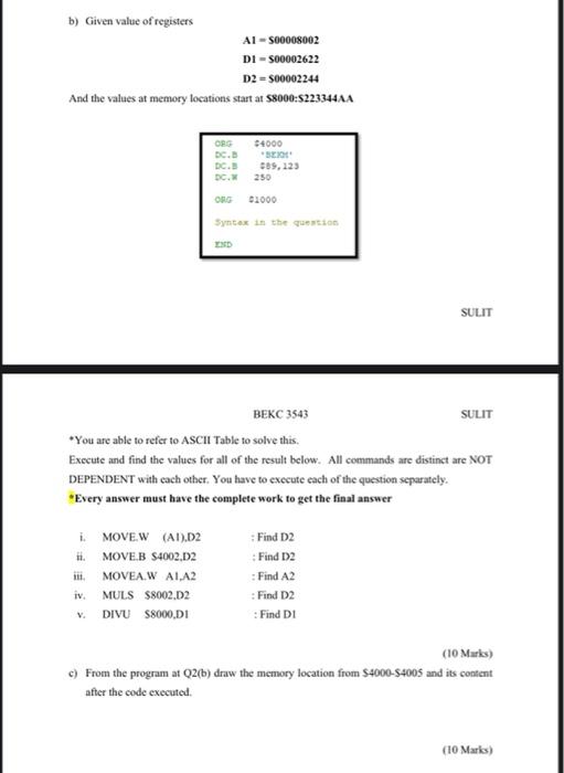 Solved b) Given value of registers Al-S00008002 DI - | Chegg.com