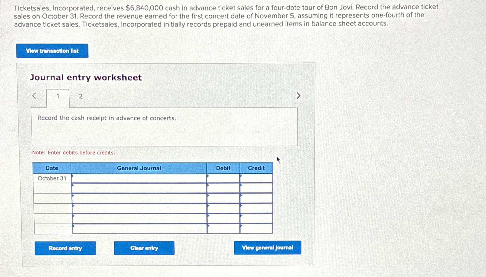 Solved Ticketsales, Incorporated, receives $6,840,000 ﻿cash | Chegg.com