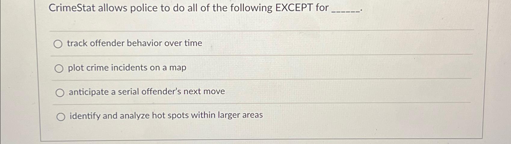 Solved CrimeStat allows police to do all of the following | Chegg.com