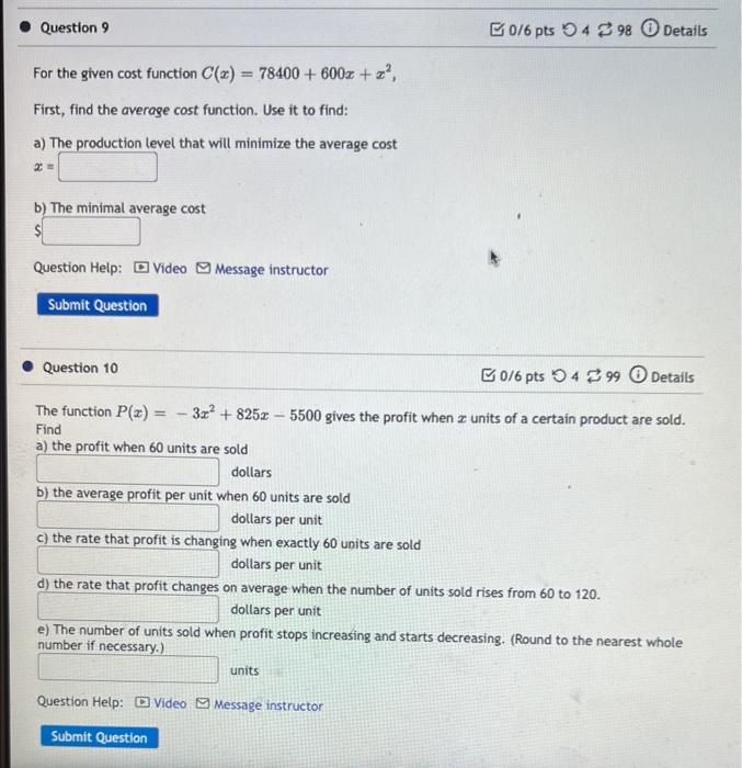 Solved For the given cost function C(x)=78400+600x+x2, | Chegg.com