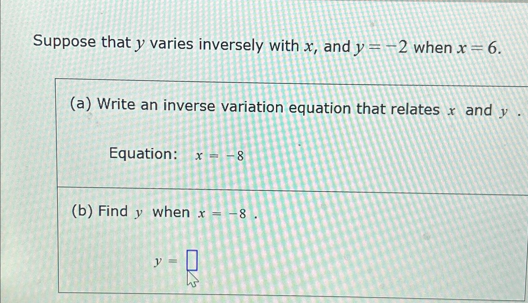 Solved Suppose that y ﻿varies inversely with x, ﻿and y=-2 | Chegg.com