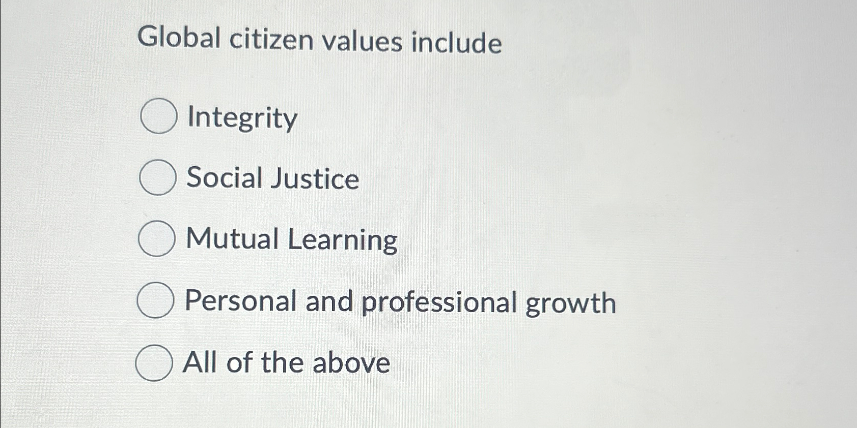 Solved Global citizen values includeIntegritySocial | Chegg.com