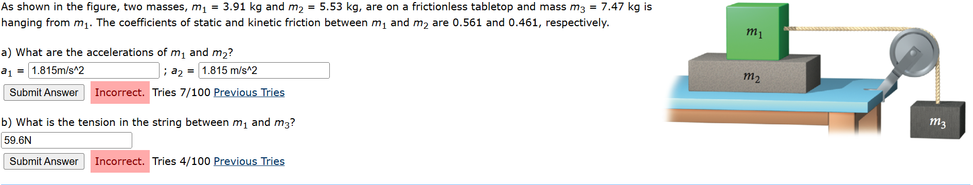 As ﻿shown in ﻿the figure, two masses, m1 = 3.91 kg | Chegg.com