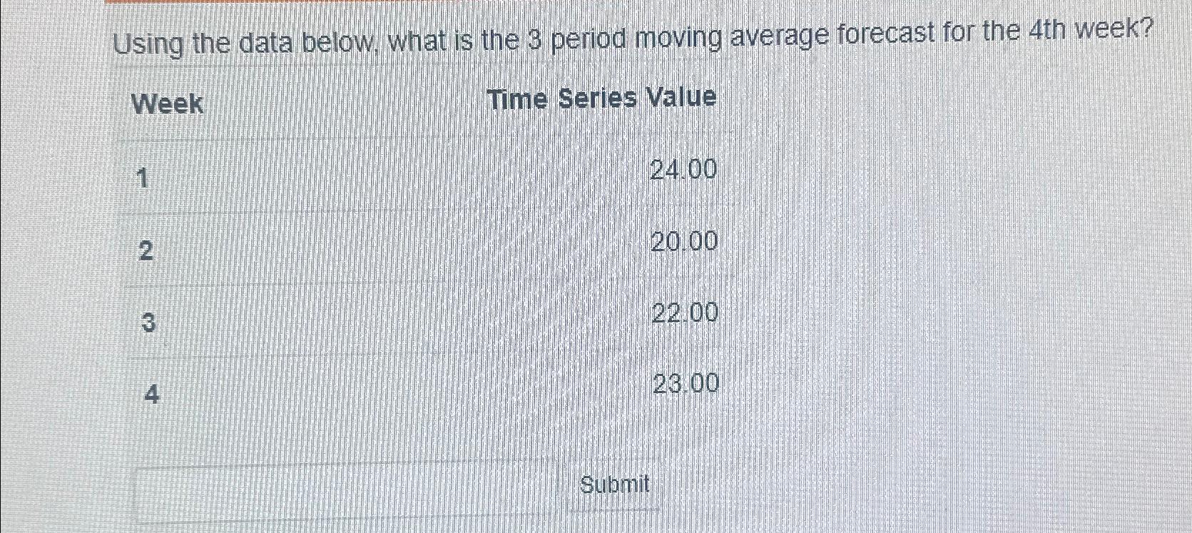Solved Using the data below, what is the 3 period moving | Chegg.com Solved Using the data below, what is the 3 period moving | Chegg.com