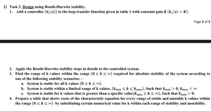 Solved Table 1 : Control system specifications for each | Chegg.com