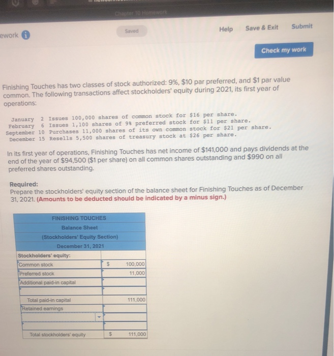 Solved Help Save & Exit Saved Submit ework Check my work | Chegg.com