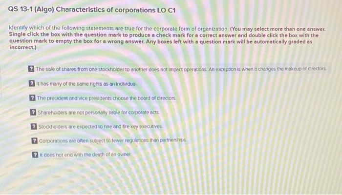 Solved QS 13-1 (Algo) Characteristics of corporations LO C1 | Chegg.com