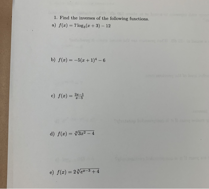 Solved 1. Find the inverses of the following functions. a) | Chegg.com