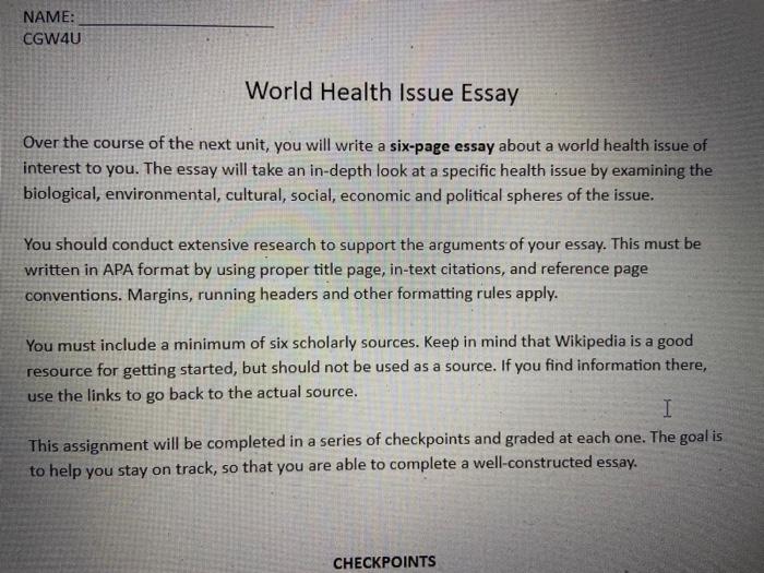 NAME: CGW4U World Health Issue Essay Over the course | Chegg.com