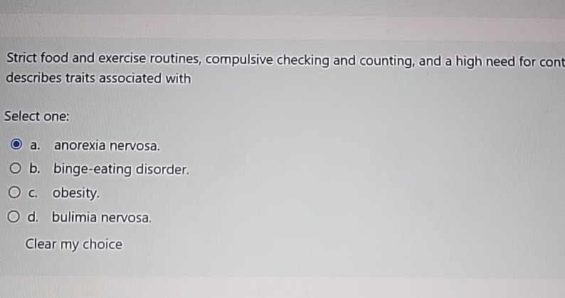 Solved Strict food and exercise routines, compulsive | Chegg.com