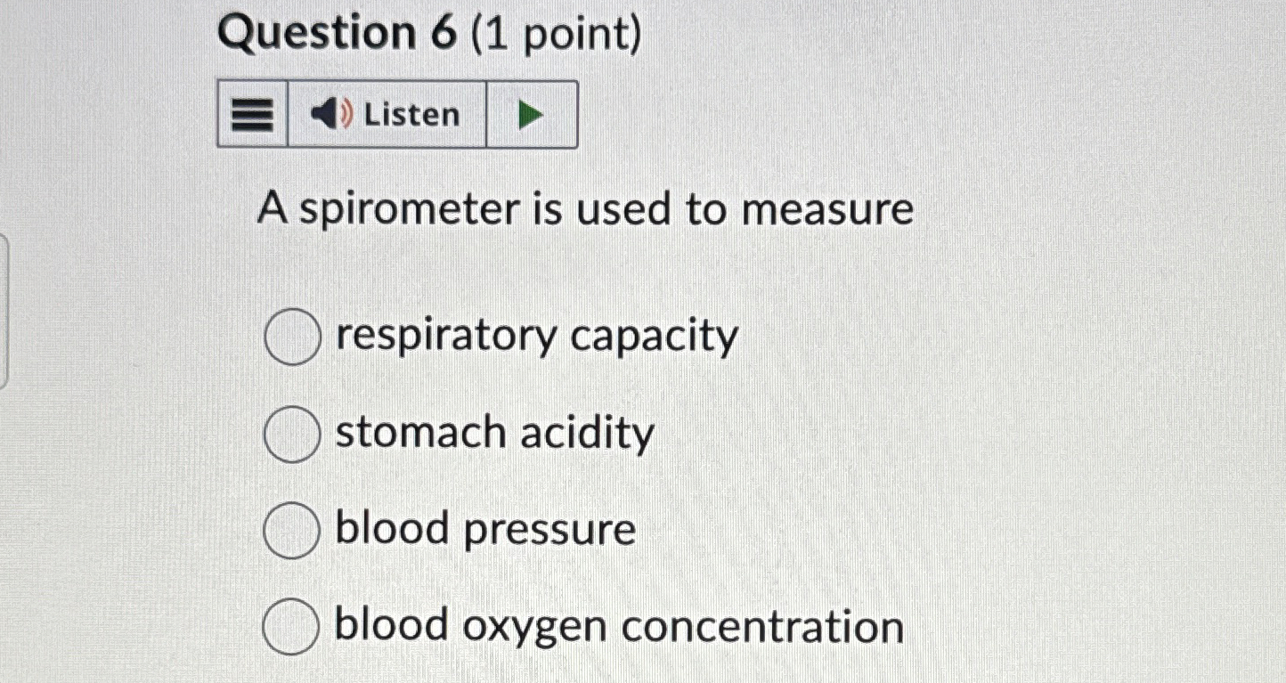 Solved Question 6 (1 ﻿point)A spirometer is used to | Chegg.com