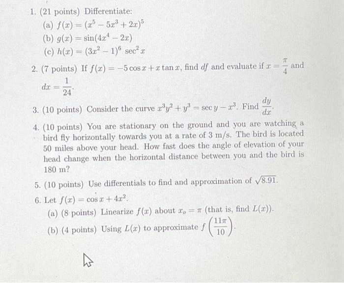 Solved 1. (21 points) Differentiate: (a) f(x)=(x5−5x3+2x)5 | Chegg.com
