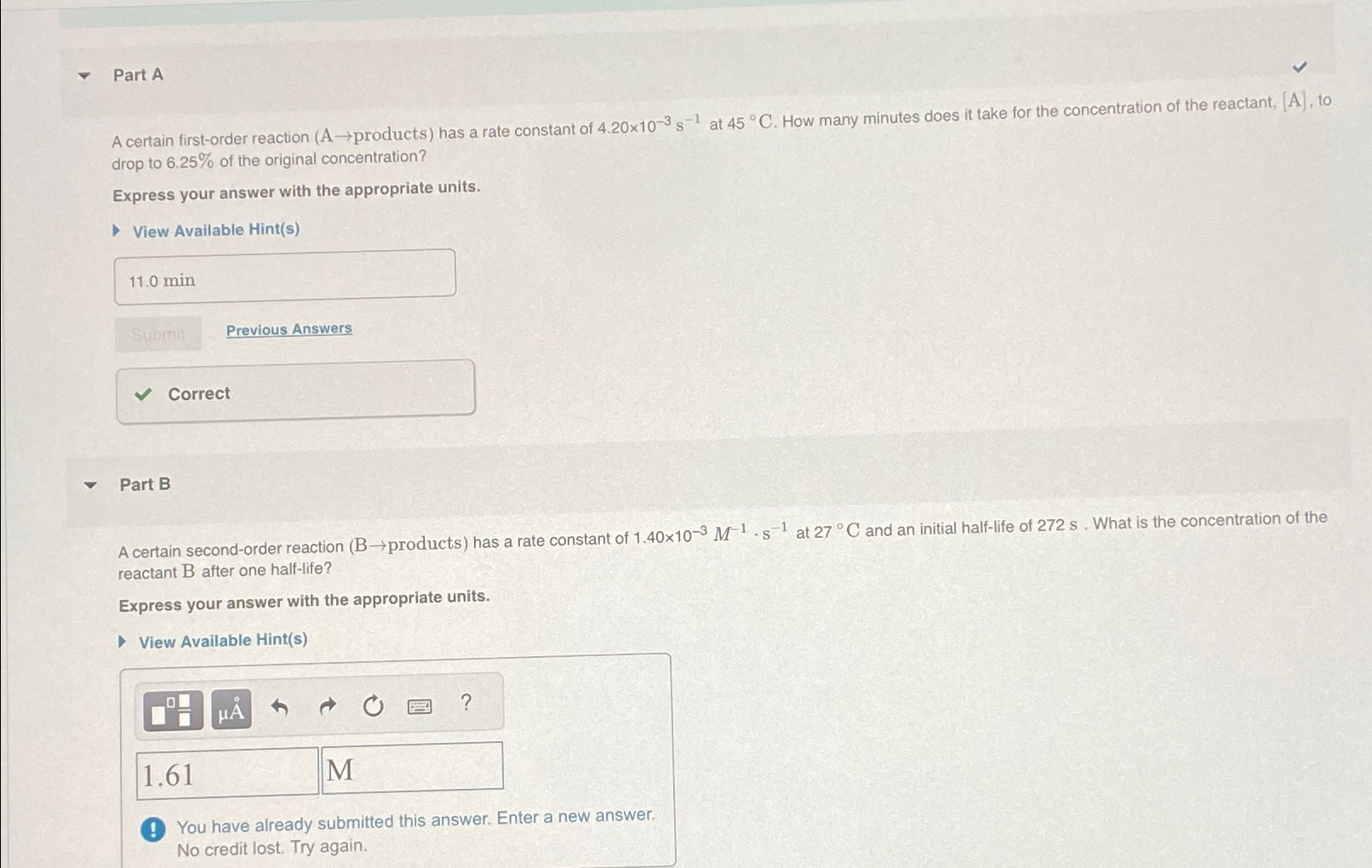 Solved Part Aa Certain First Order Reaction A→ ﻿products