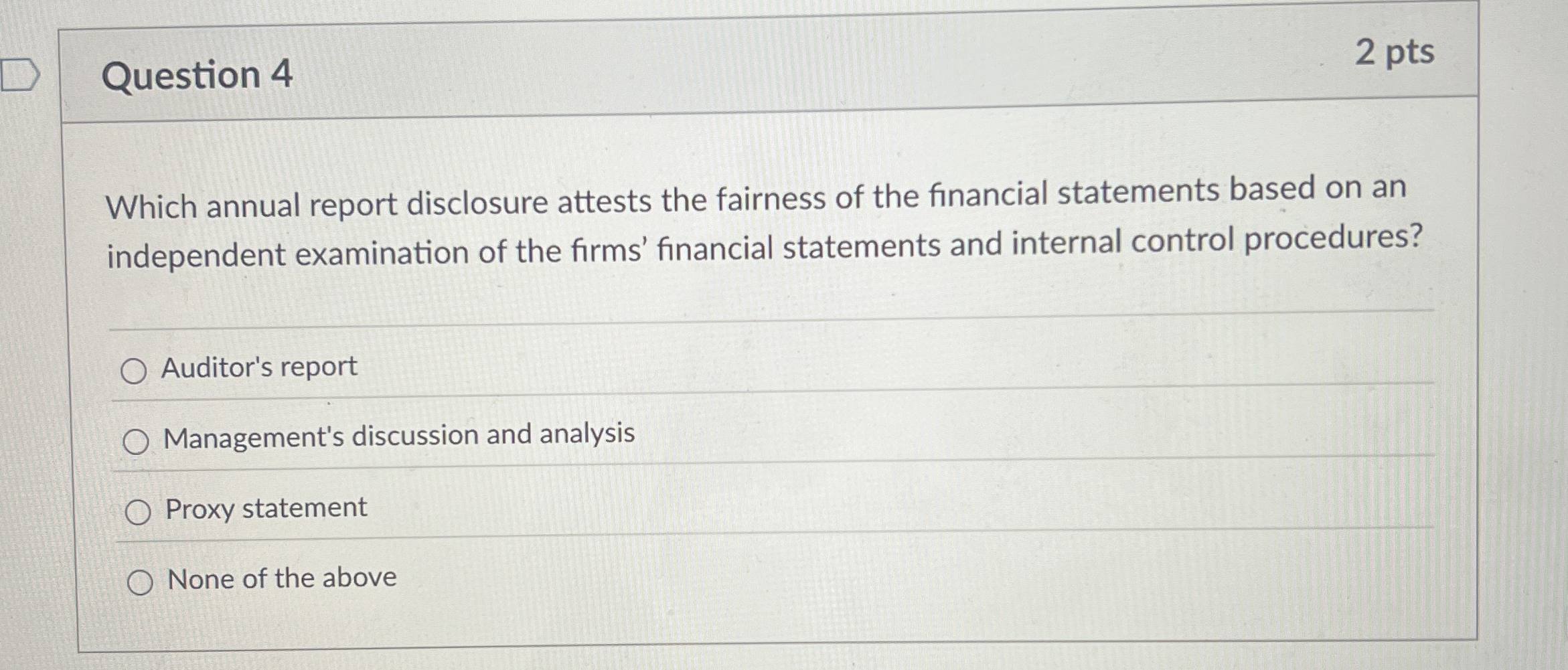 Solved Question 4Which annual report disclosure attests the | Chegg.com