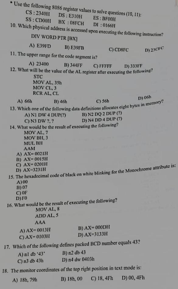 Solved Use the following 8086 ﻿register values to solve | Chegg.com
