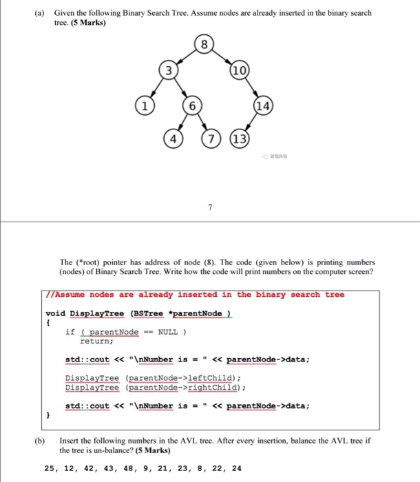 Solved (a) Given the following Binary Search Tree. Assume | Chegg.com