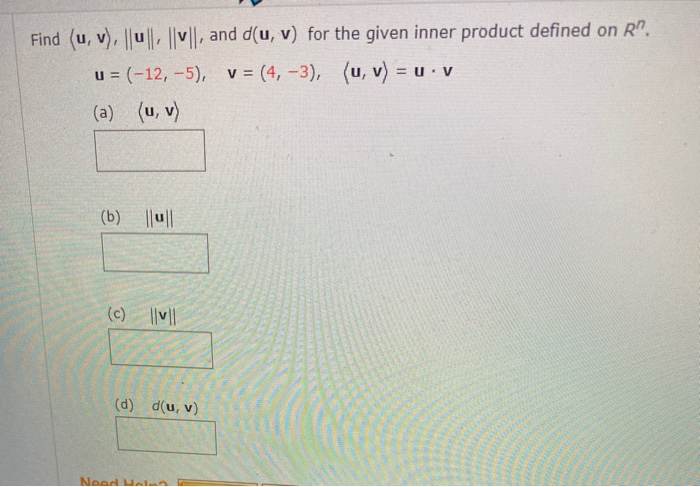 Solved Find (u, v), || 0 ||- ||M|, and d(u, v) for the given | Chegg.com