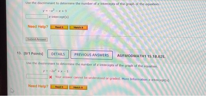Solved Use the discriminant to determine the number of | Chegg.com