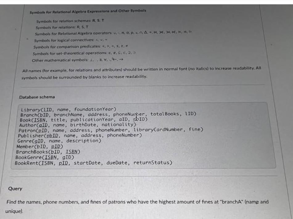 Solved Symbols for Relational Algebre Expressions and Other | Chegg.com