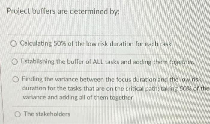 Solved Project buffers are determined by: O Calculating 50% | Chegg.com