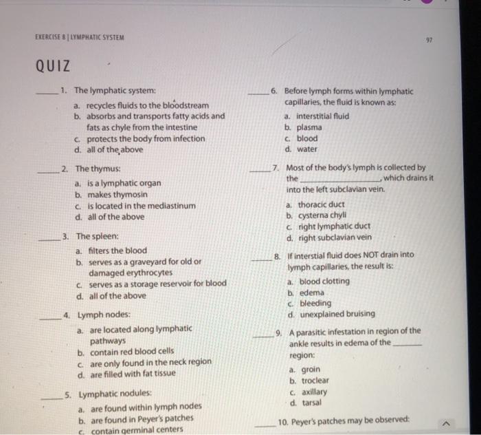 Solved EXERCISE & LYMPHATIC SYSTEM 97 QUIZ 6. Before lymph | Chegg.com