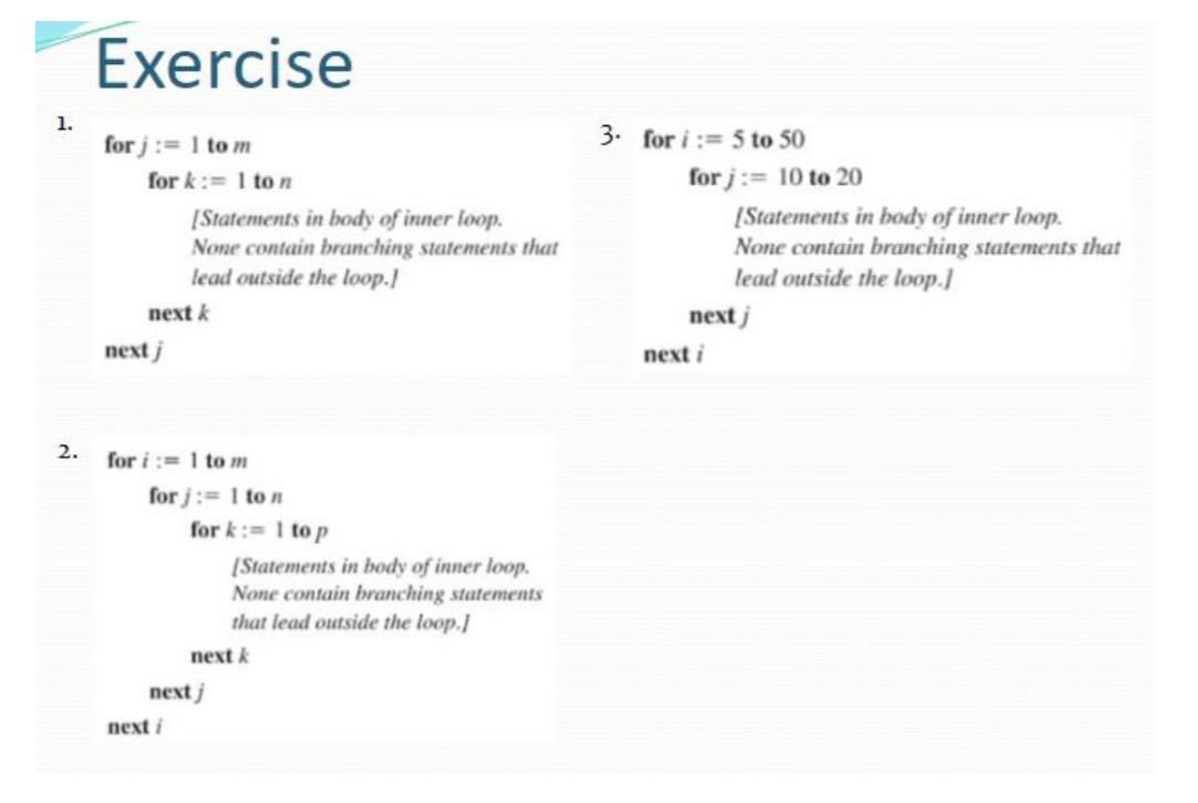 Exercise1. ﻿for j:=1 to m ﻿for k:=1 to n[Statements | Chegg.com