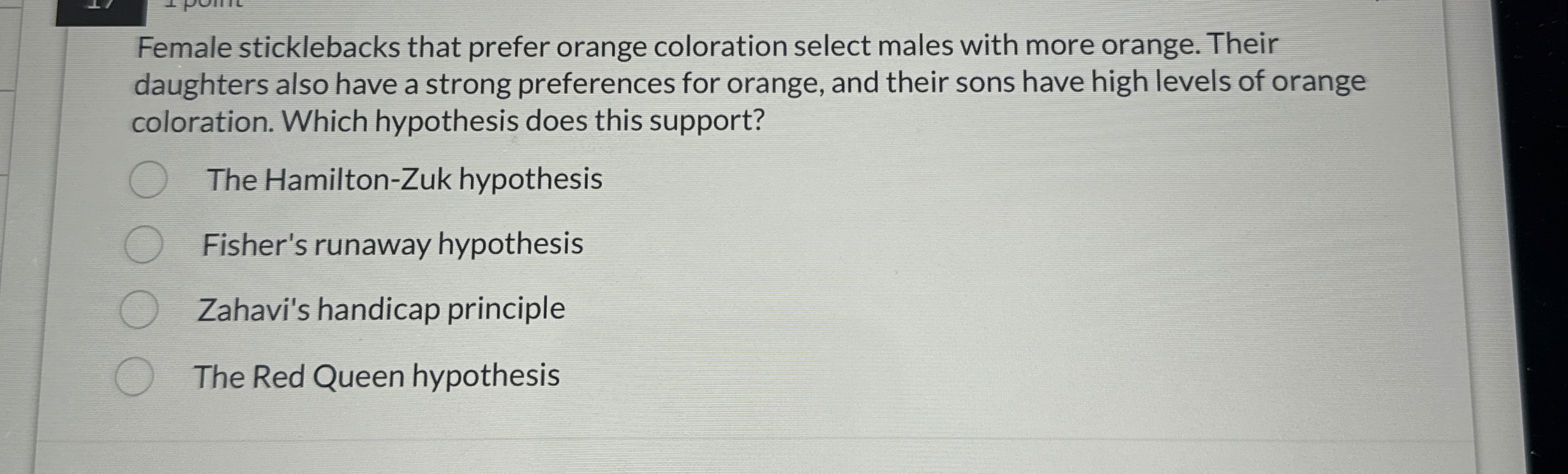 Solved Female sticklebacks that prefer orange coloration | Chegg.com
