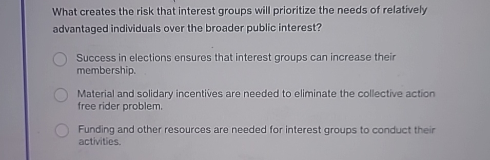 What creates the risk that interest groups will | Chegg.com