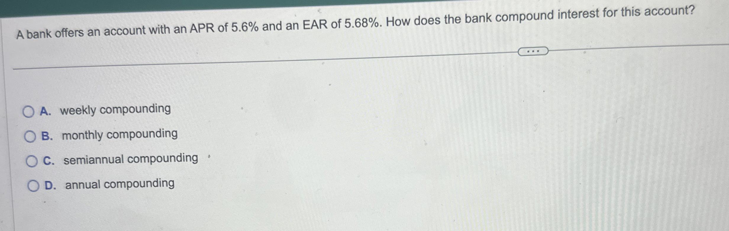 Solved A bank offers an account with an APR of 5.6% ﻿and an | Chegg.com