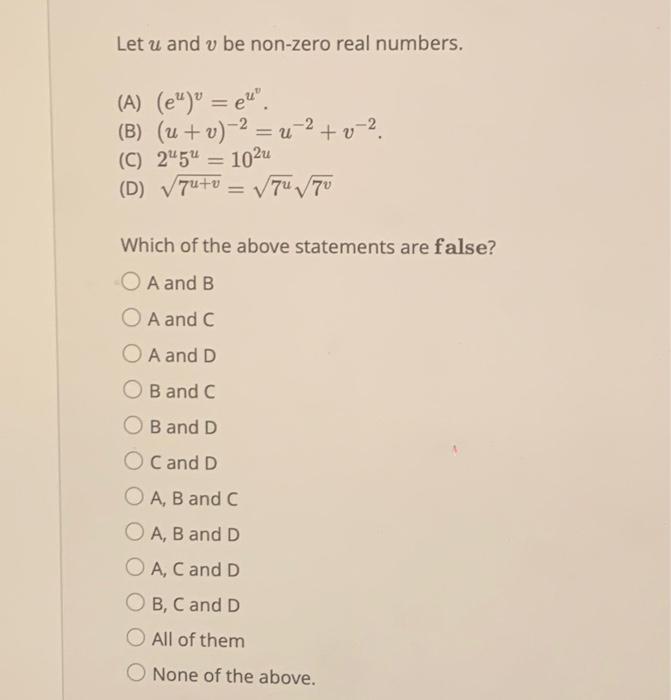 Solved Let u and v be non-zero real numbers. (A) (eu)v=euv. | Chegg.com