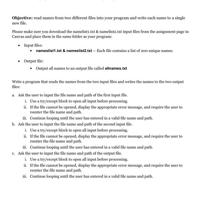 Solved Objective: read names from two different files into | Chegg.com