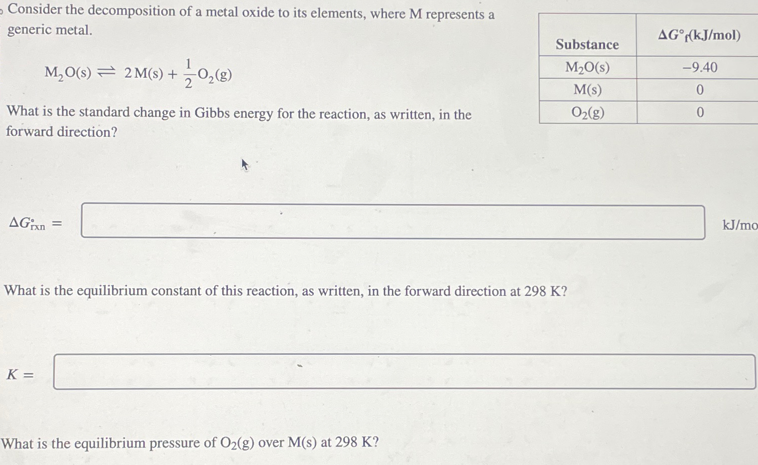 Solved Consider the decomposition of a metal oxide to its | Chegg.com