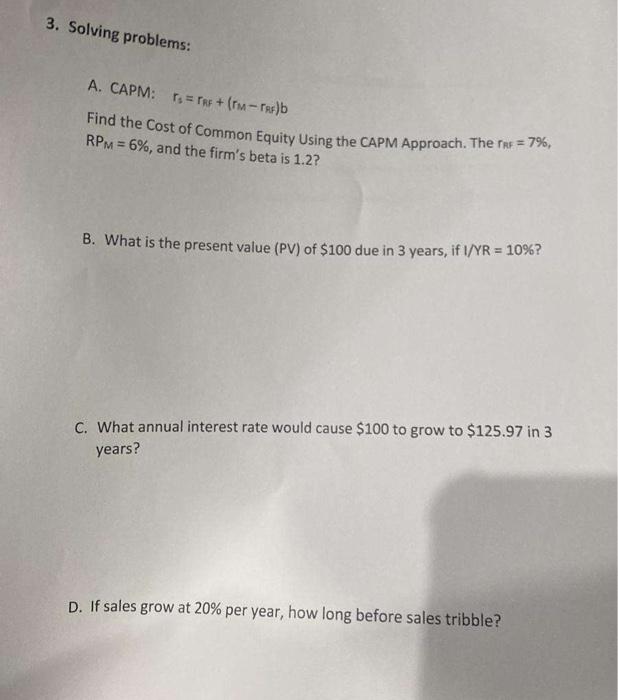 Solved 3. Solving problems: A. CAPM: 1 = + (-Torb Find the | Chegg.com