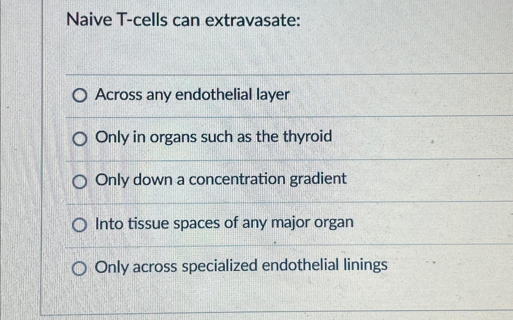 Solved Naive T-cells can extravasate:Across any endothelial | Chegg.com